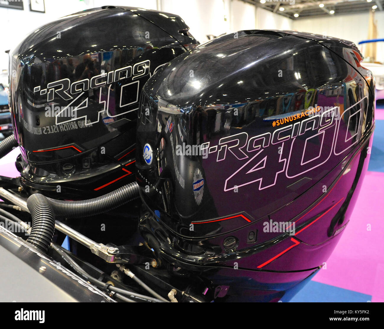 London, UK. 12th January, 2018. The twin Mercury Racing Verado 400R ...