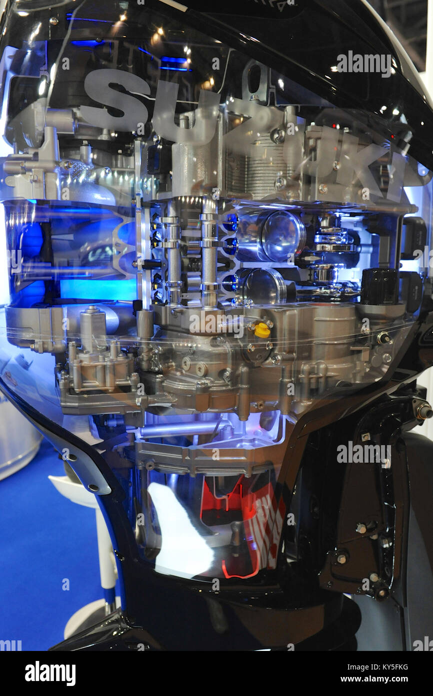 London, UK. 12th January, 2018. A Suzuki Outboard Engine (with a ...
