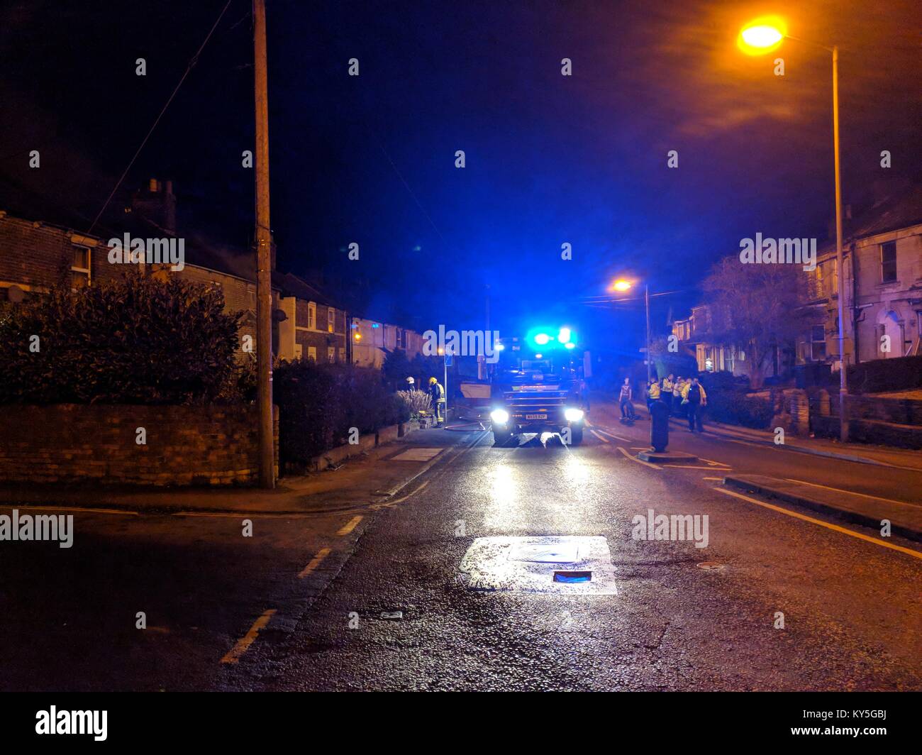 Trowbridge, Wiltshire. 13th January, 2018. Firefighters, police and ...
