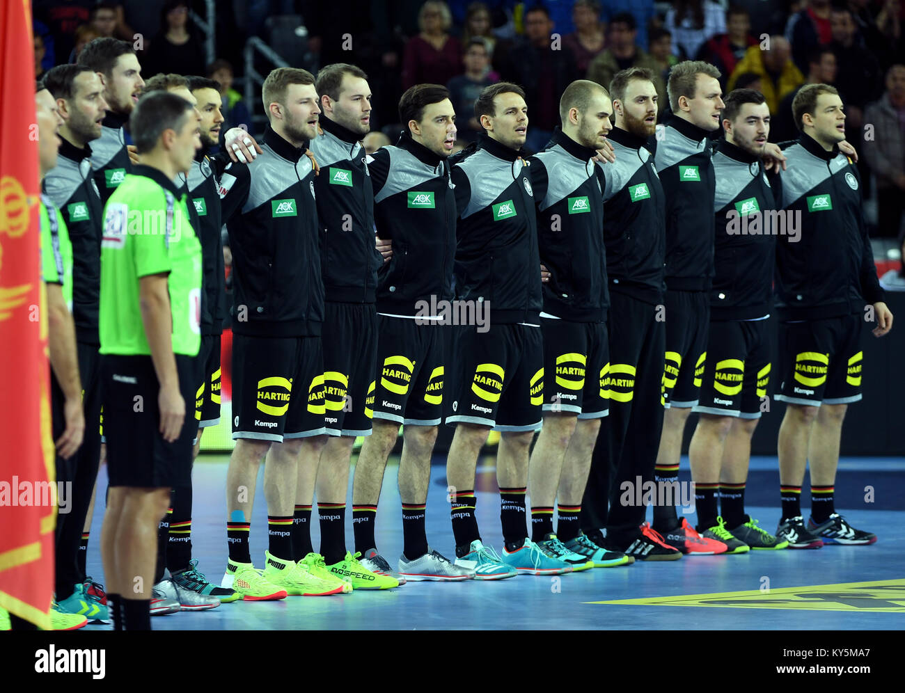 The Germany team singing hte national anthem at the European ...