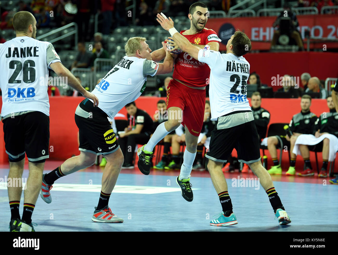 Germany's Patrick Wiencek (2.f.l.) and Kai Haefner (r) in action with ...