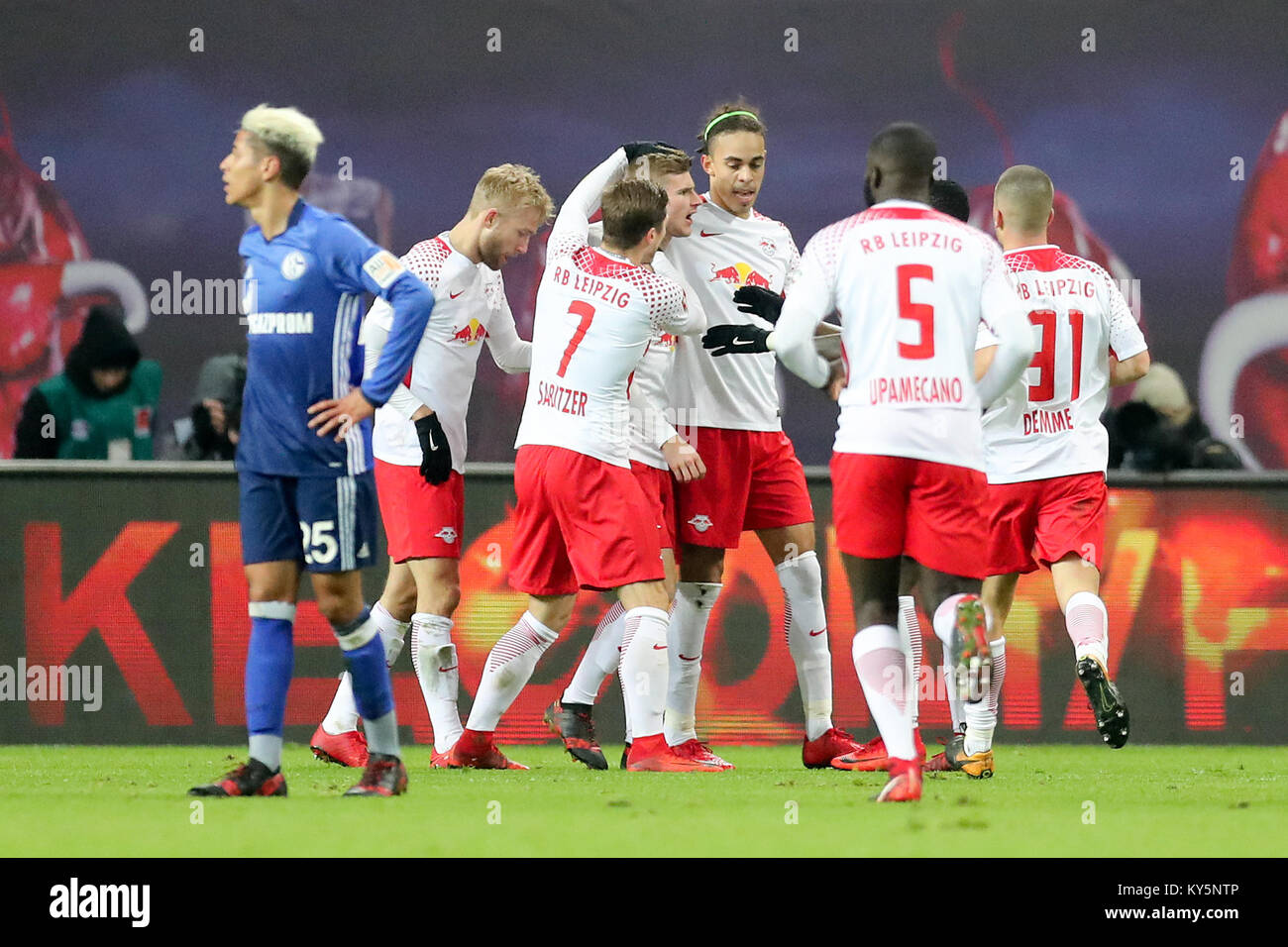 Leipzig's players celebrate the goal by Timo Werner (c) during the ...