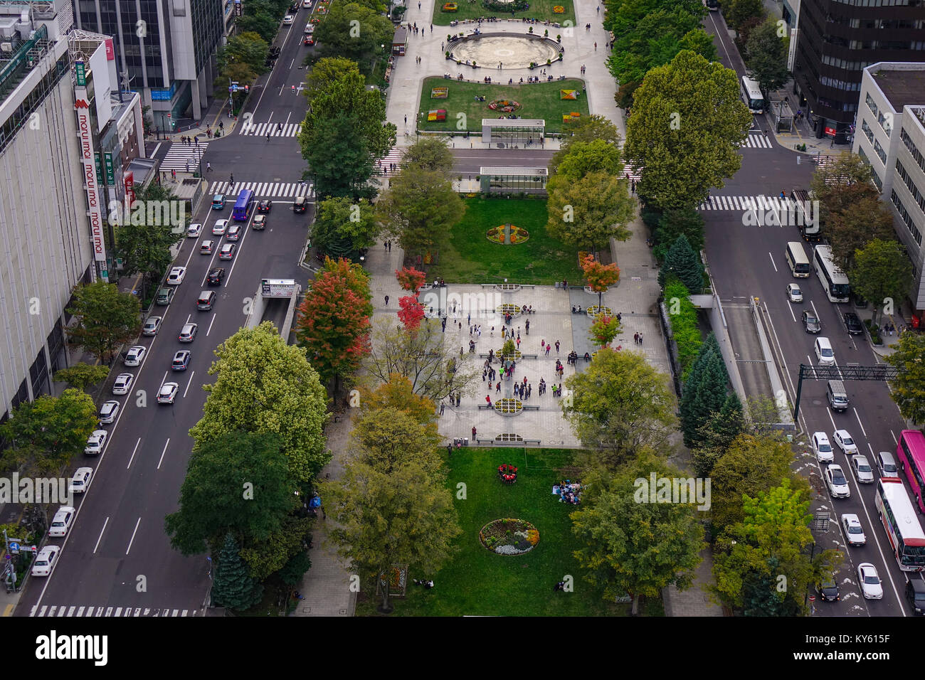 Sapporo, Japan - Oct 1, 2017. Aerial view of Odori Park at sunset in ...