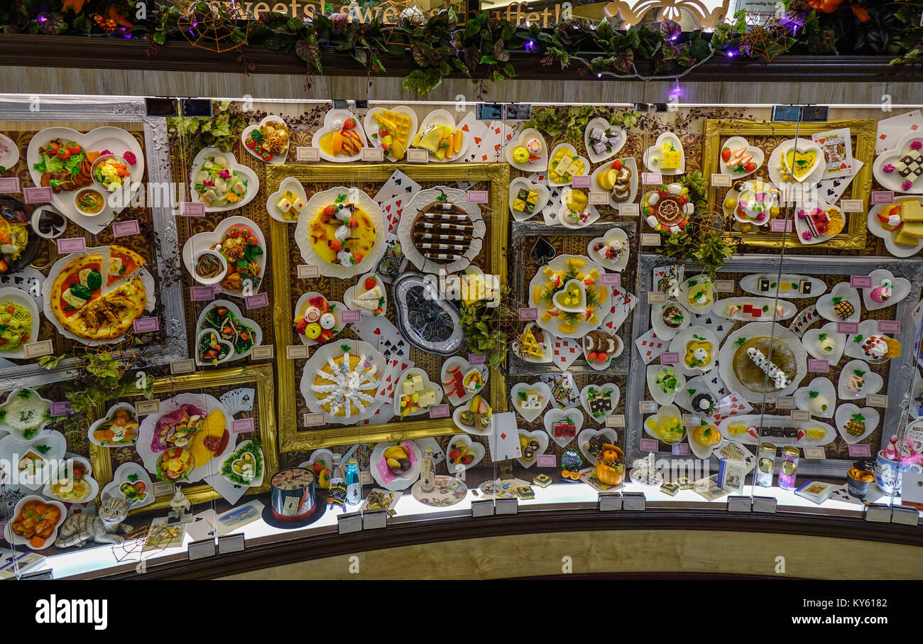 Sapporo, Japan - Oct 1, 2017. Display of replica food and desserts with ...