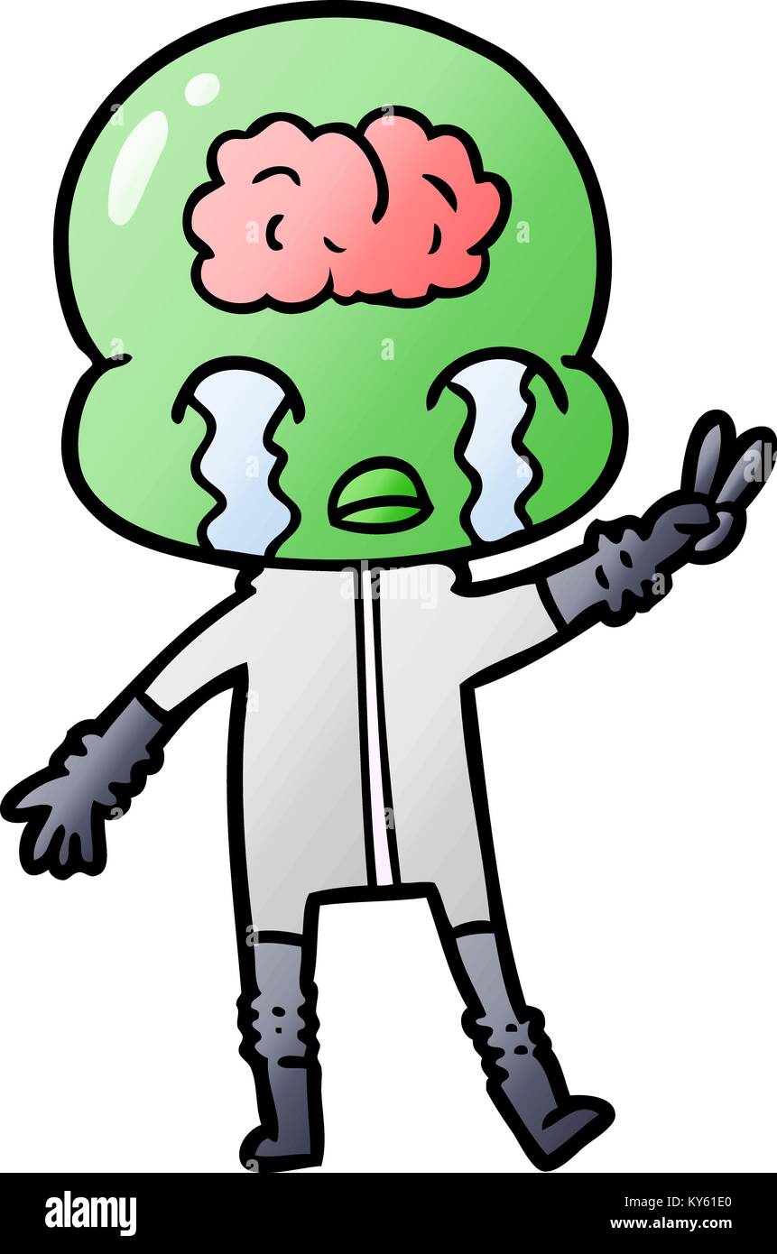 cartoon big brain alien crying and giving peace sign Stock Vector Image ...