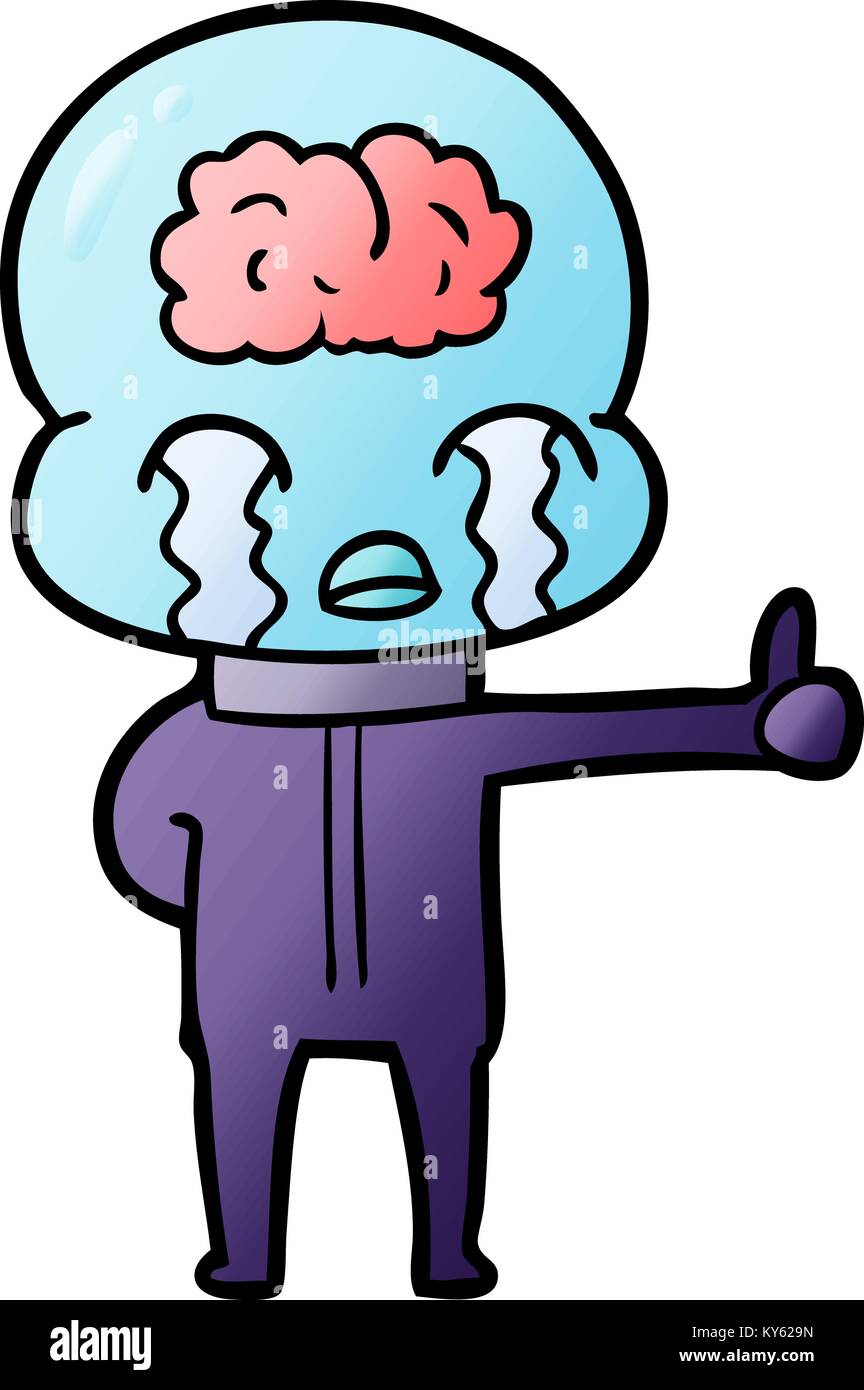 cartoon big brain alien crying but giving thumbs up symbol Stock Vector ...