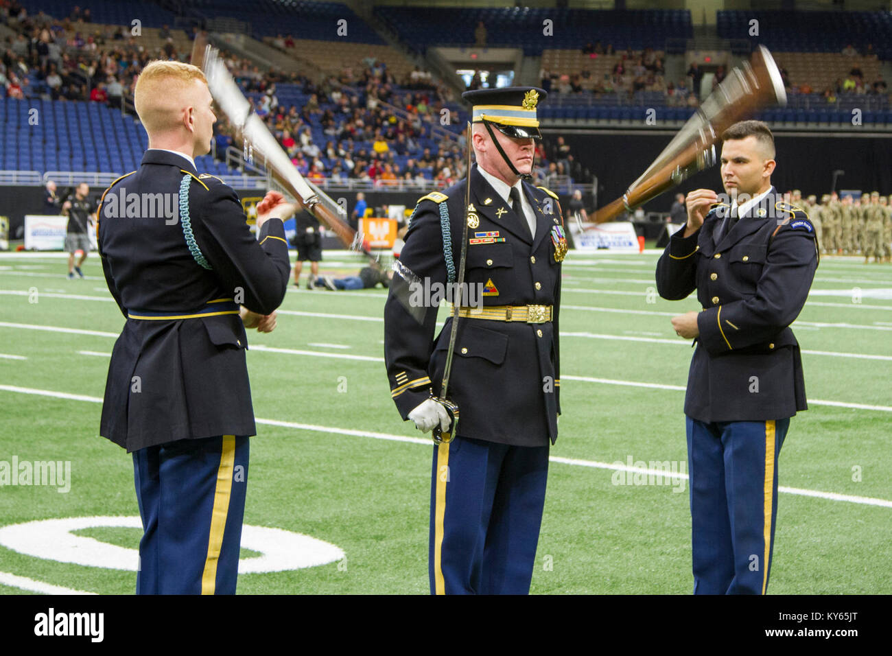 Soldiers of the U.S. Army Drill Team, Fort Myer, Va., twirl their ...