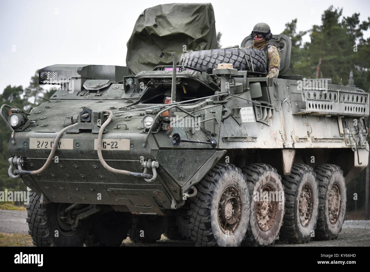 U.S. Soldiers with 2d Squadron, 2d Cavalry Regiment maneuver a Stryker ...