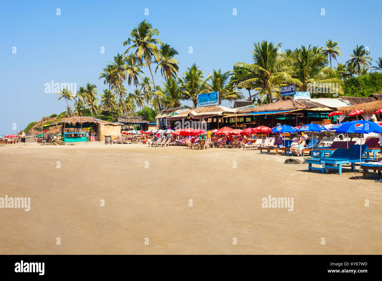 GOA, INDIA - DECEMBER 05, 2016: Sunbeds on the Vagator or Ozran beach ...