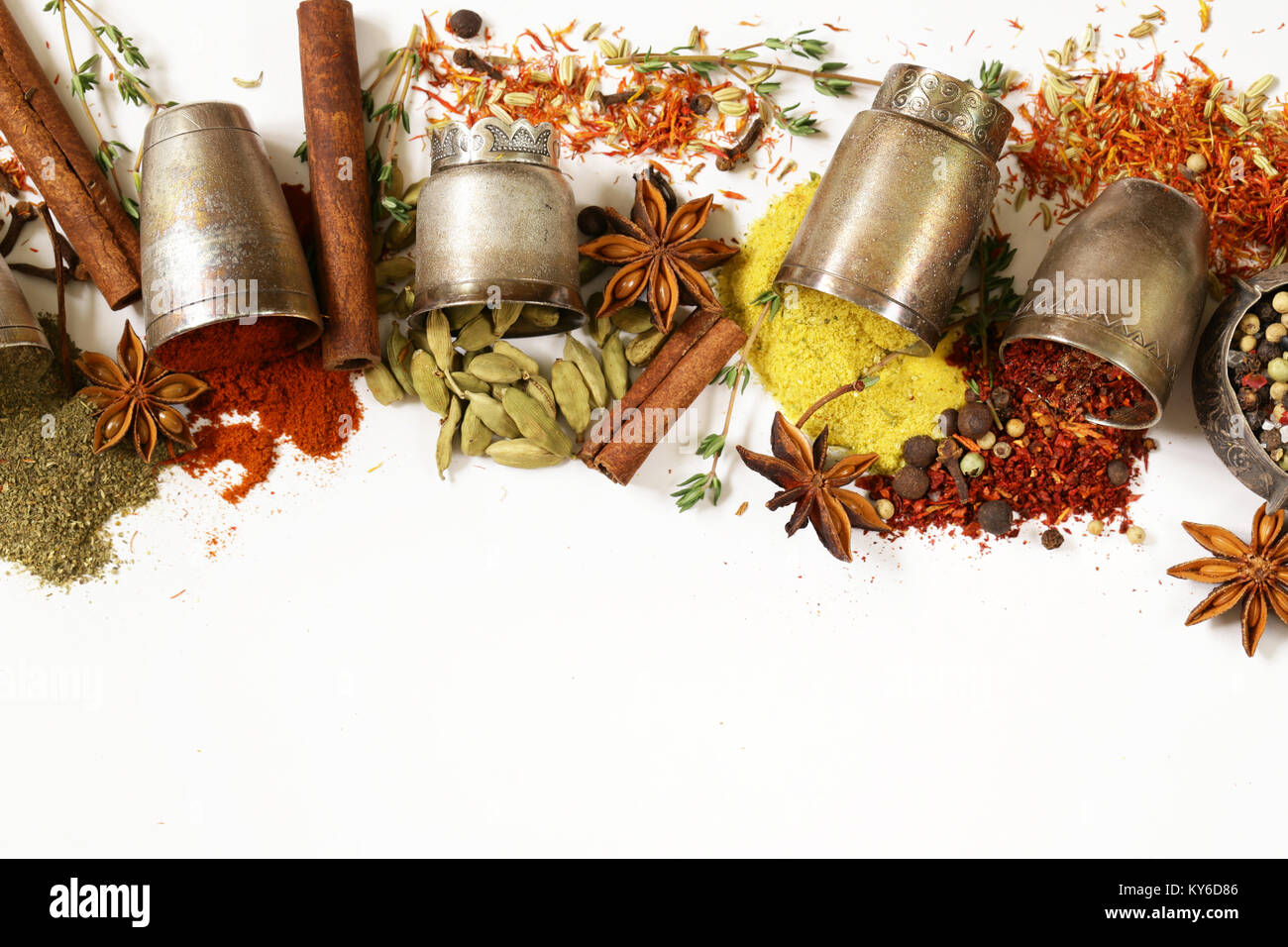 various aromatic spices in metal vintage bowls Stock Photo - Alamy