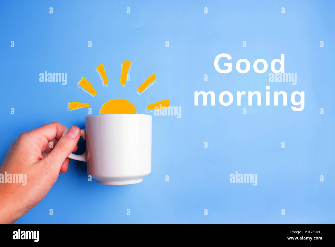 sun and white cup on blue background. good morning concept Stock Photo ...