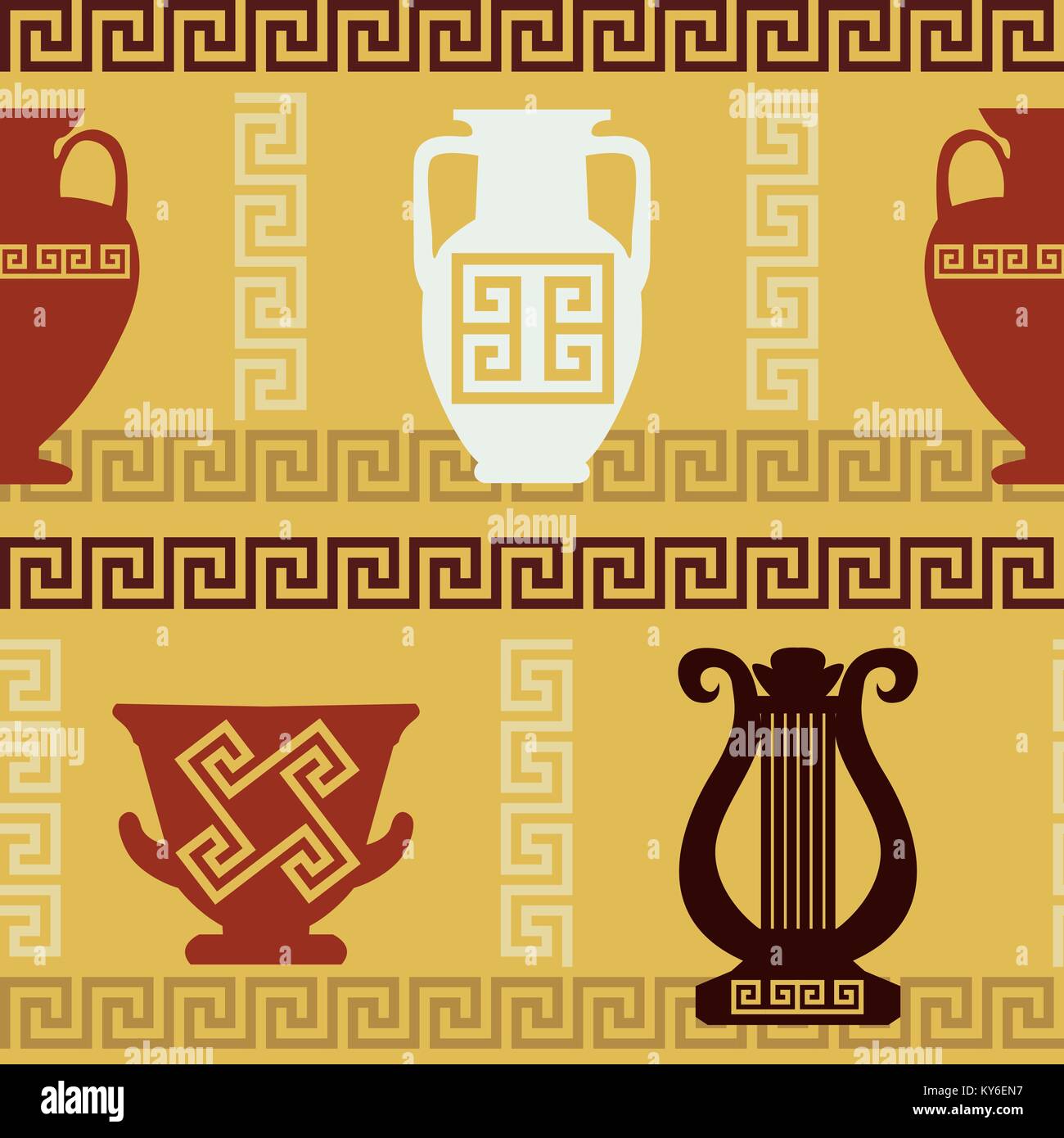 Greek art - vases, lyre. Meander ornament. Seamless pattern Ethnic art ...