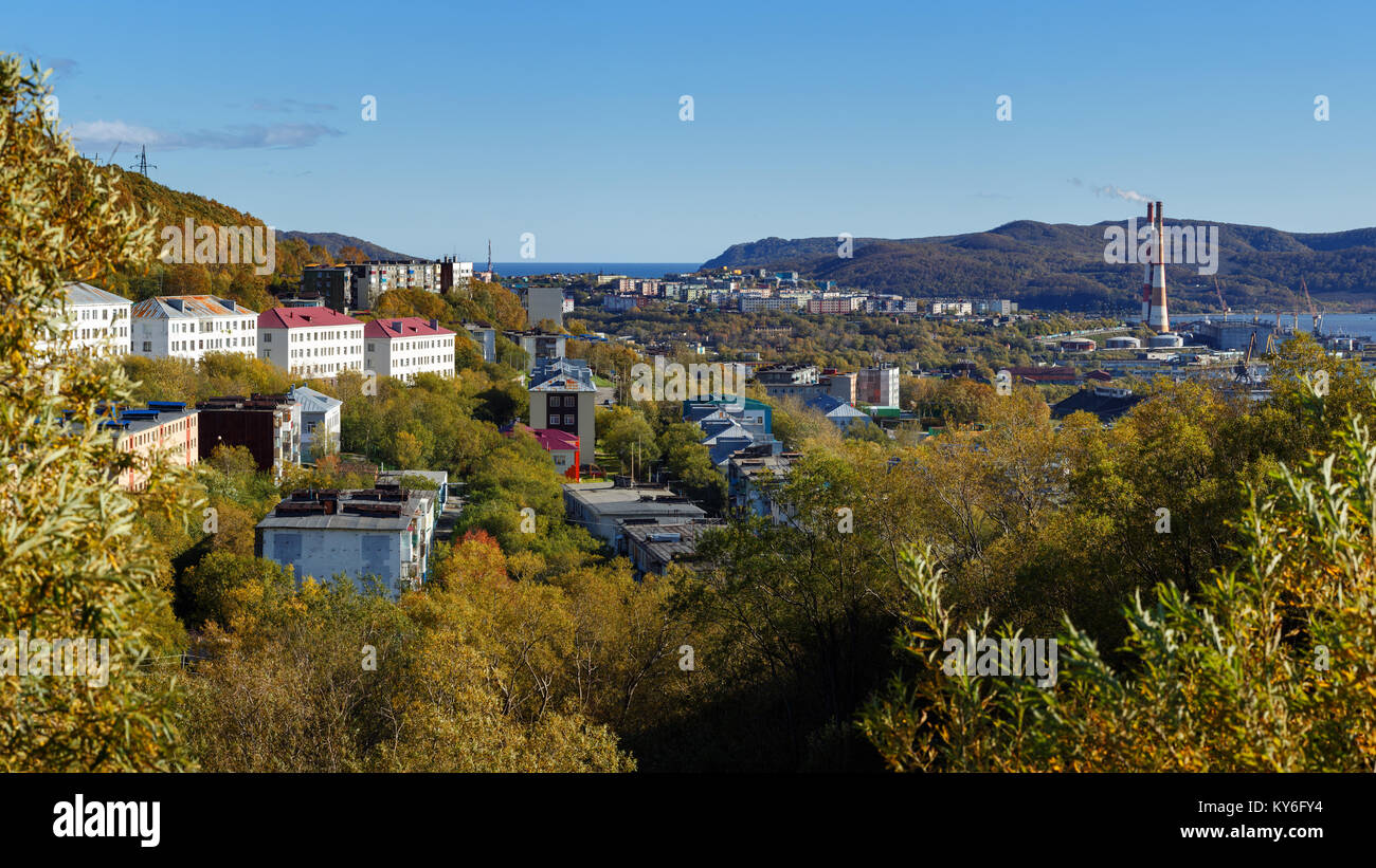 Autumn panorama view of Kamchatka city landscape, old Soviet ...