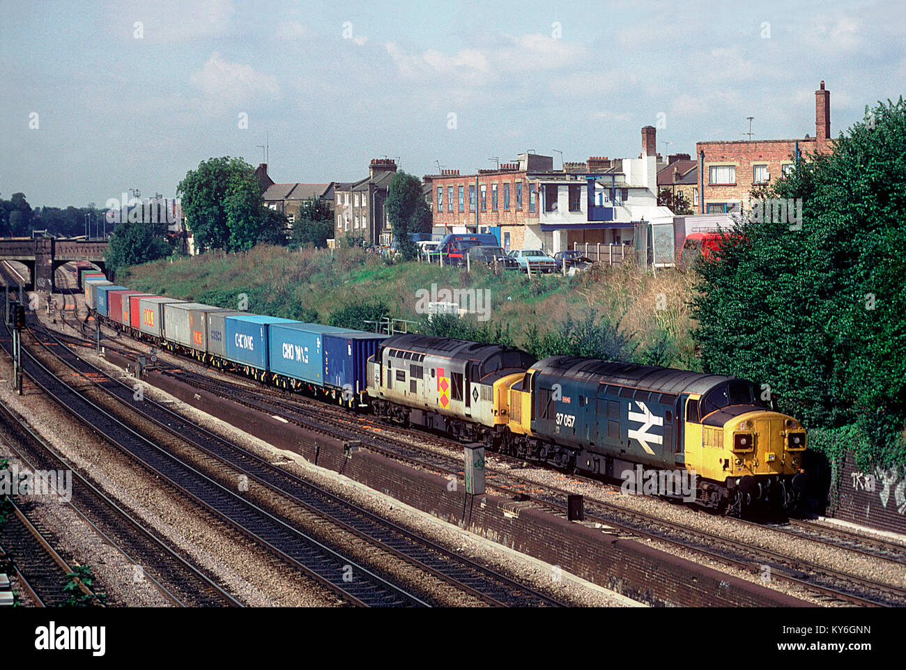 A pair of class 37 diesel locomotives numbers 37057 and 37073 climb ...