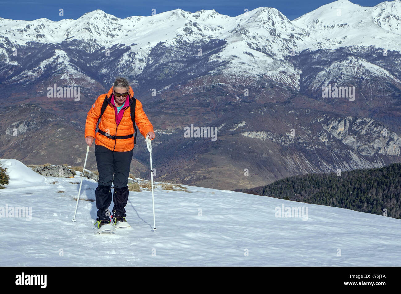 Female Figure Snow Shoeing At Plateau De Beille French Pyrenees Stock