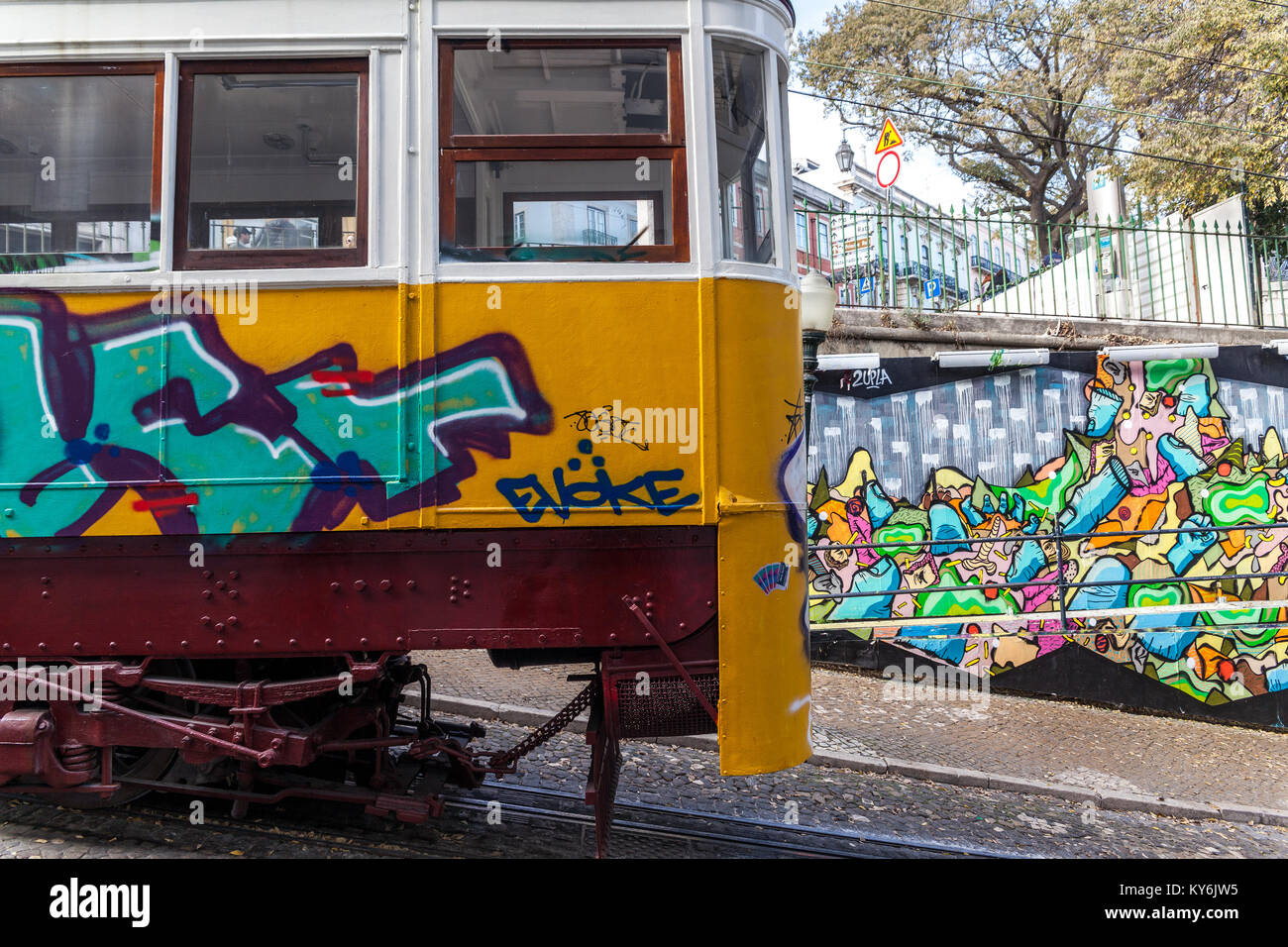 View of funicular and murales Stock Photo - Alamy