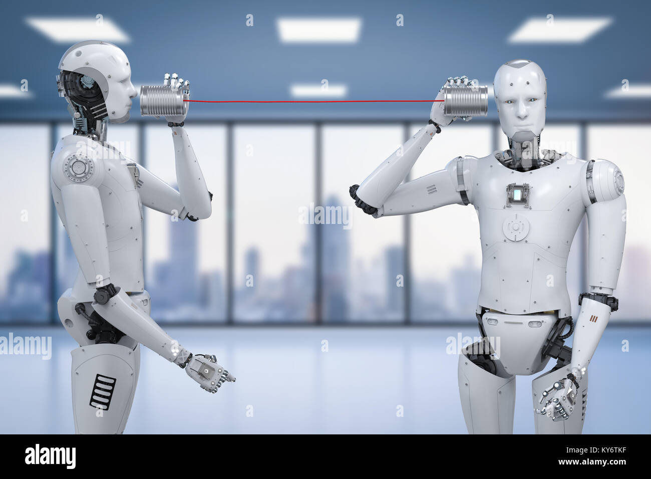 communication technology concept with 3d rendering robot holding tin ...