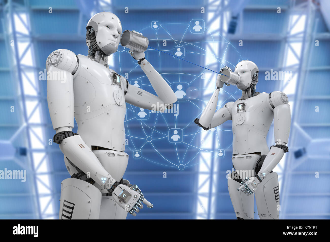 communication technology concept with 3d rendering robot holding tin ...