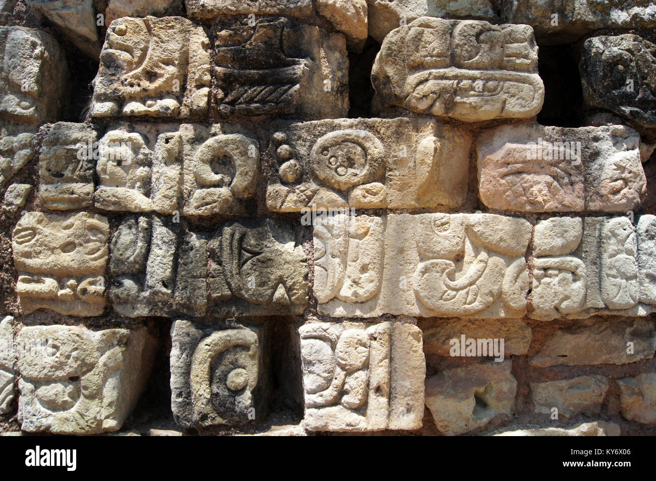 Sculptures on the wall of pyramid in Copan, Honduras Stock Photo - Alamy
