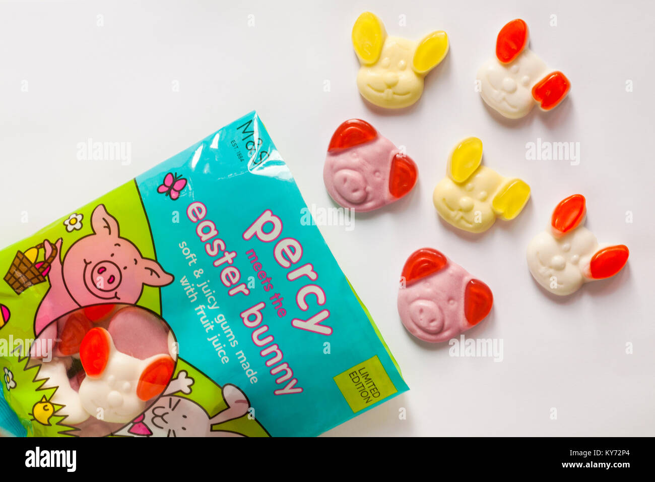packet of M&S percy meets the easter bunny sweets open opened with contents spilled spilt set on ...