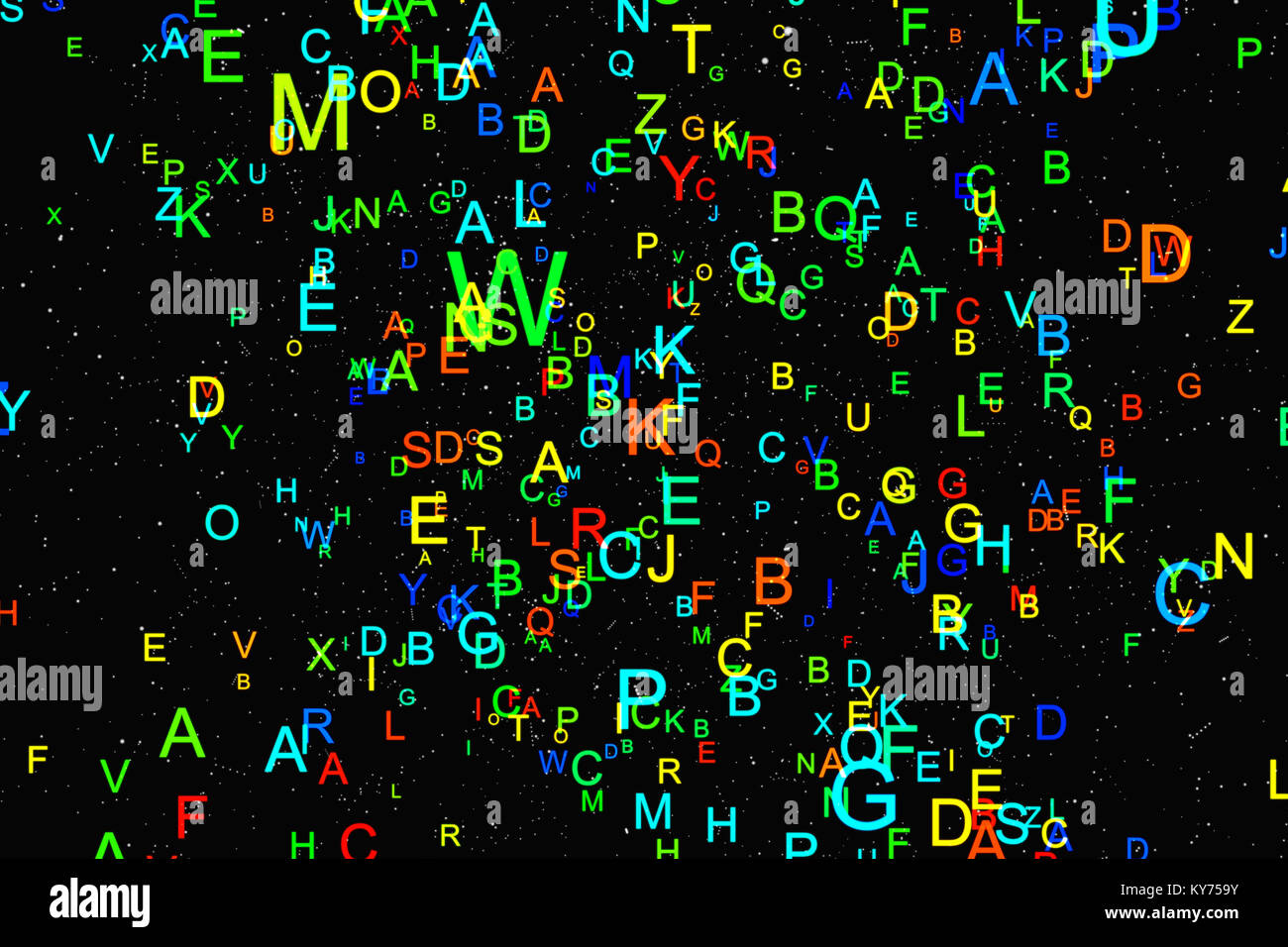 Abstract colorful alphabet fly on black background Stock Photo - Alamy
