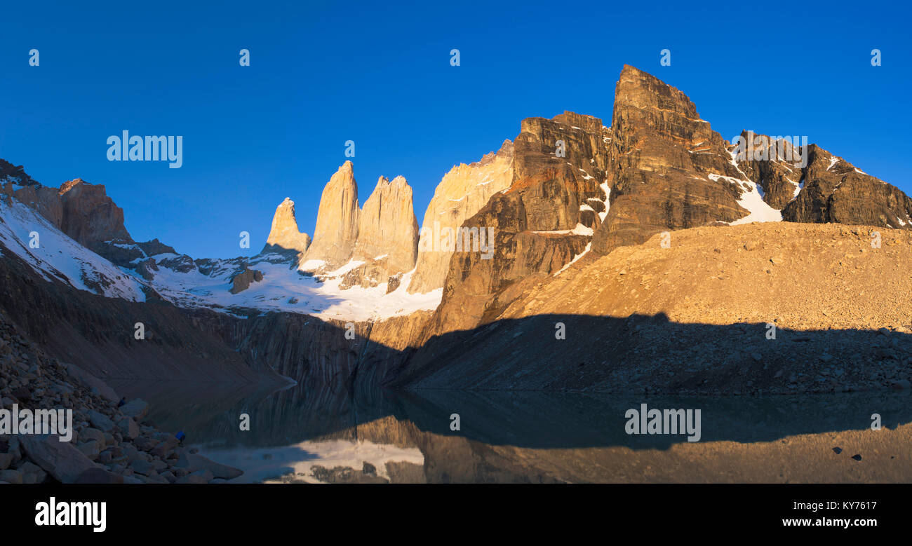 Sunrise view of the Bases del Torres at Torres del Paine National Park ...