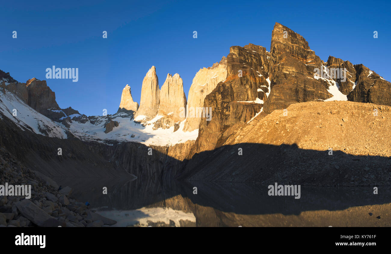 Sunrise view of the Bases del Torres at Torres del Paine National Park ...
