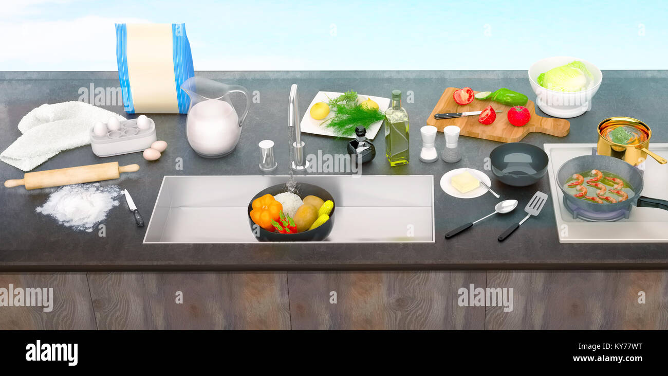 Kitchen table with ingredients and utensils. Top view. Panorama Stock ...