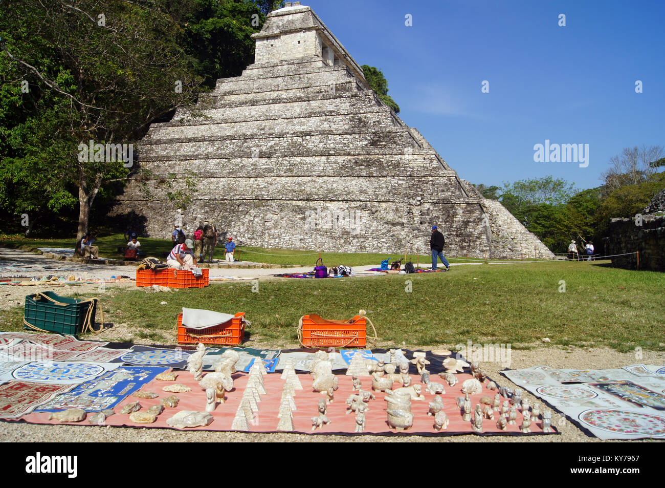 Souvenirs and Temple of the Inscriptions in Palenque, Mexico Stock ...
