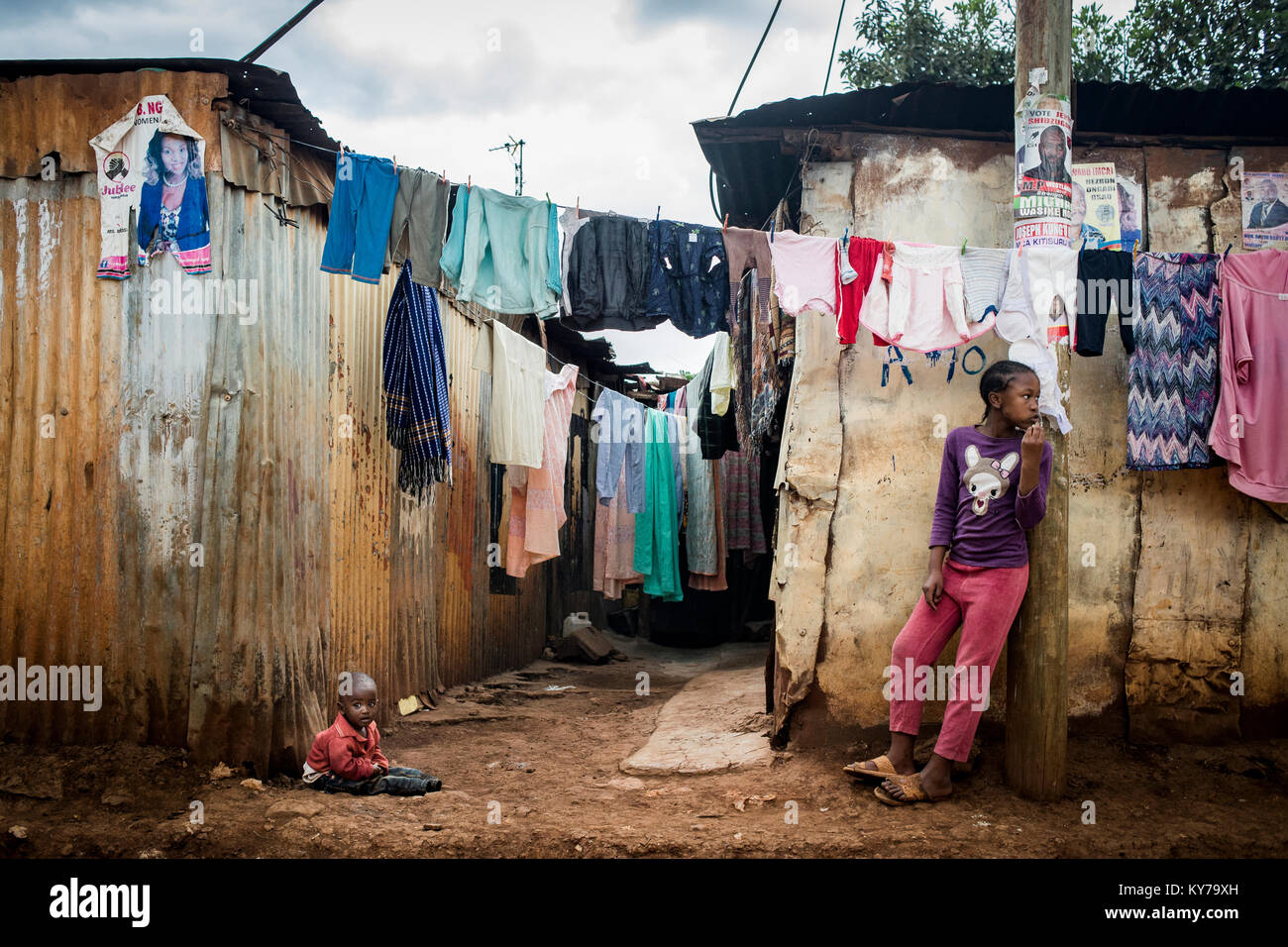 Nairobi, Kenya - July 12, 2017. A slum and dwelling area with laundry ...