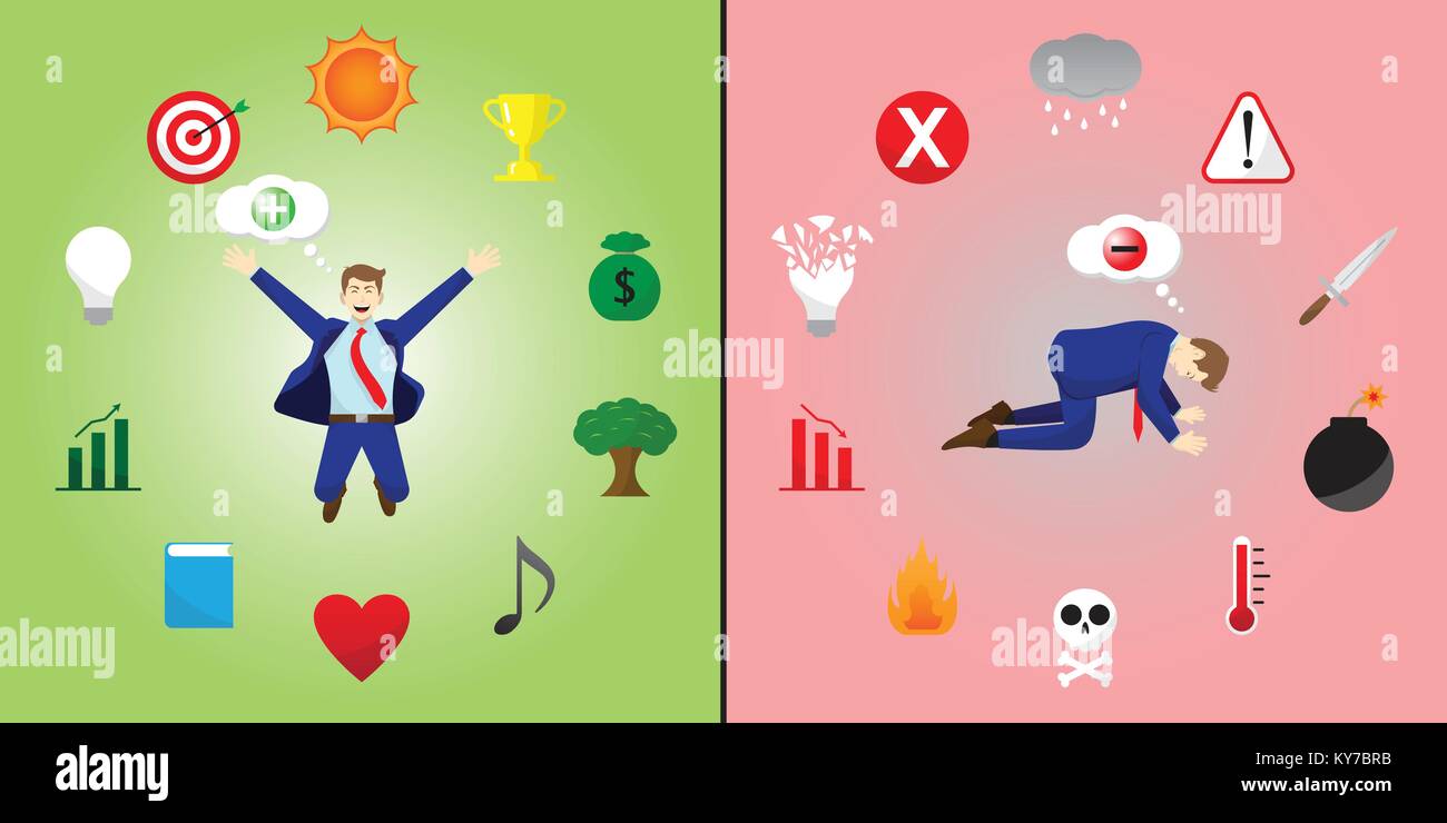 Vector Illustration Happy And Sad Businessman Thinks Positive And ...