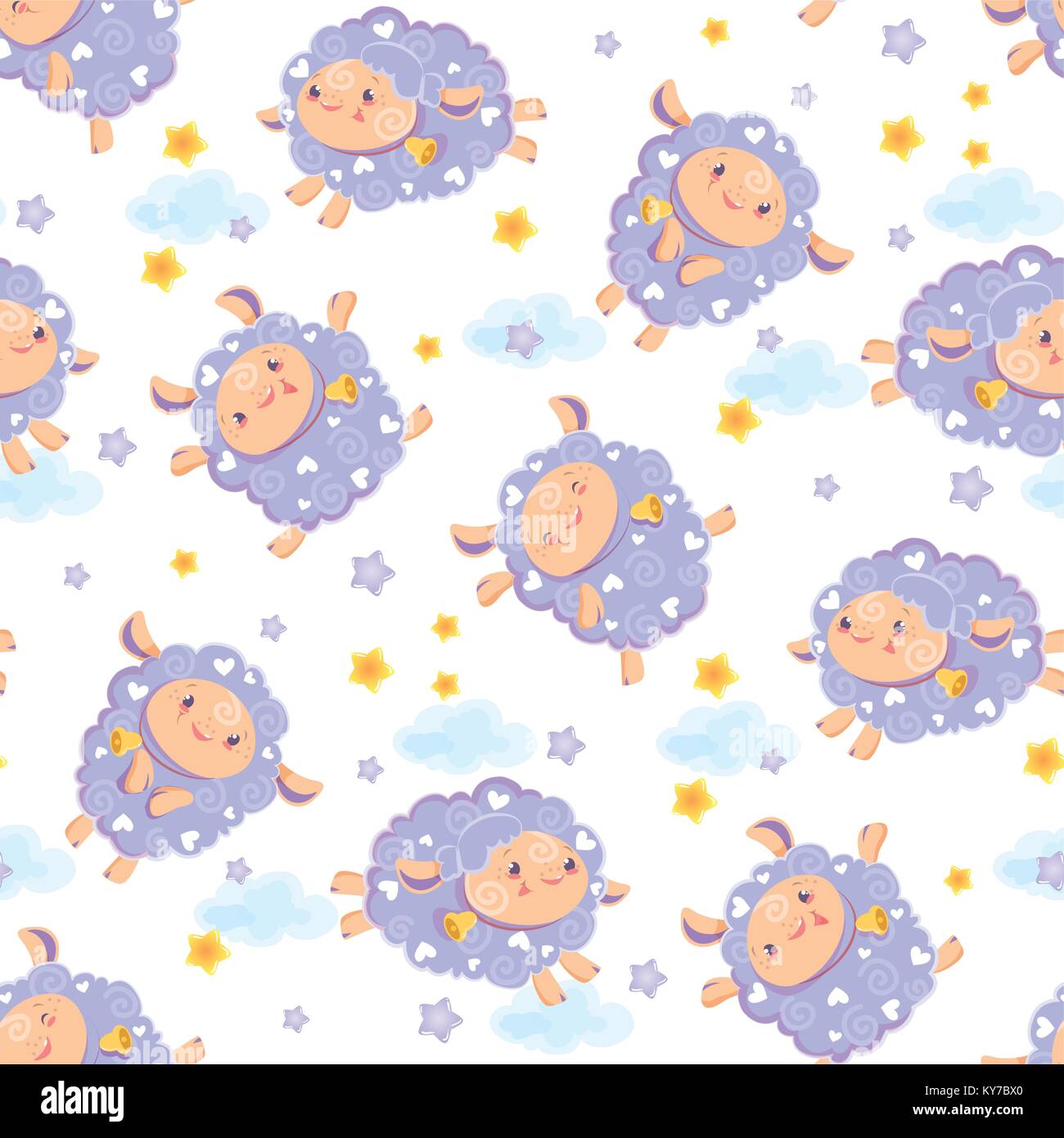 Seamless pattern of counting cute sheep to fall asleep. Cartoon happy ...