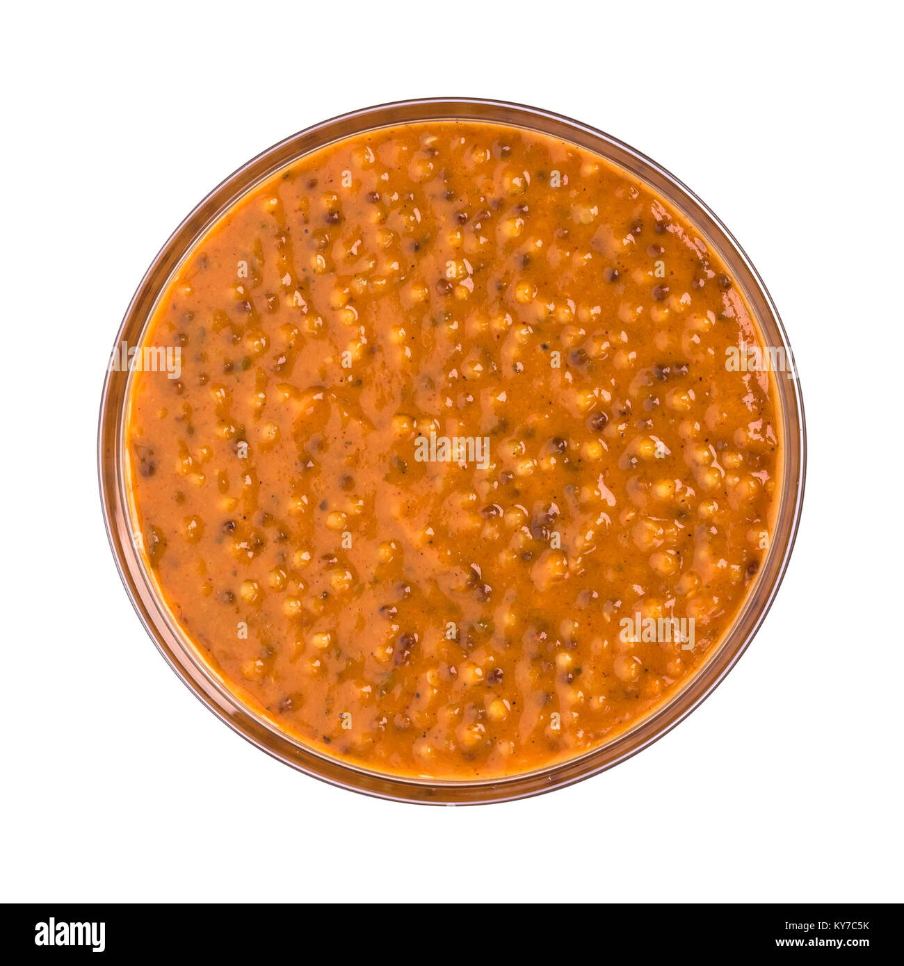 Sweet Bavarian mustard in bowl isolated on white background. Top view ...