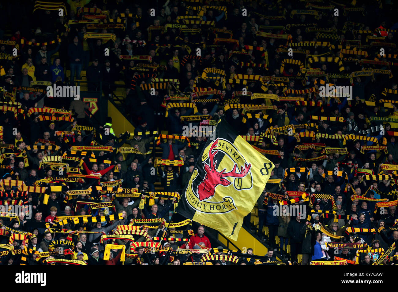 Watford fans show support for their team in the stands before the ...