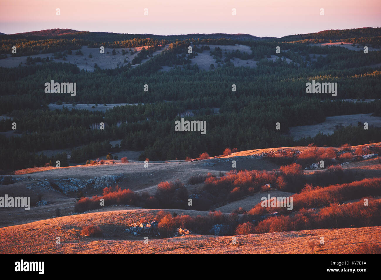 Aerial Sunset view of Mountains plateau area with forest natural sunset ...
