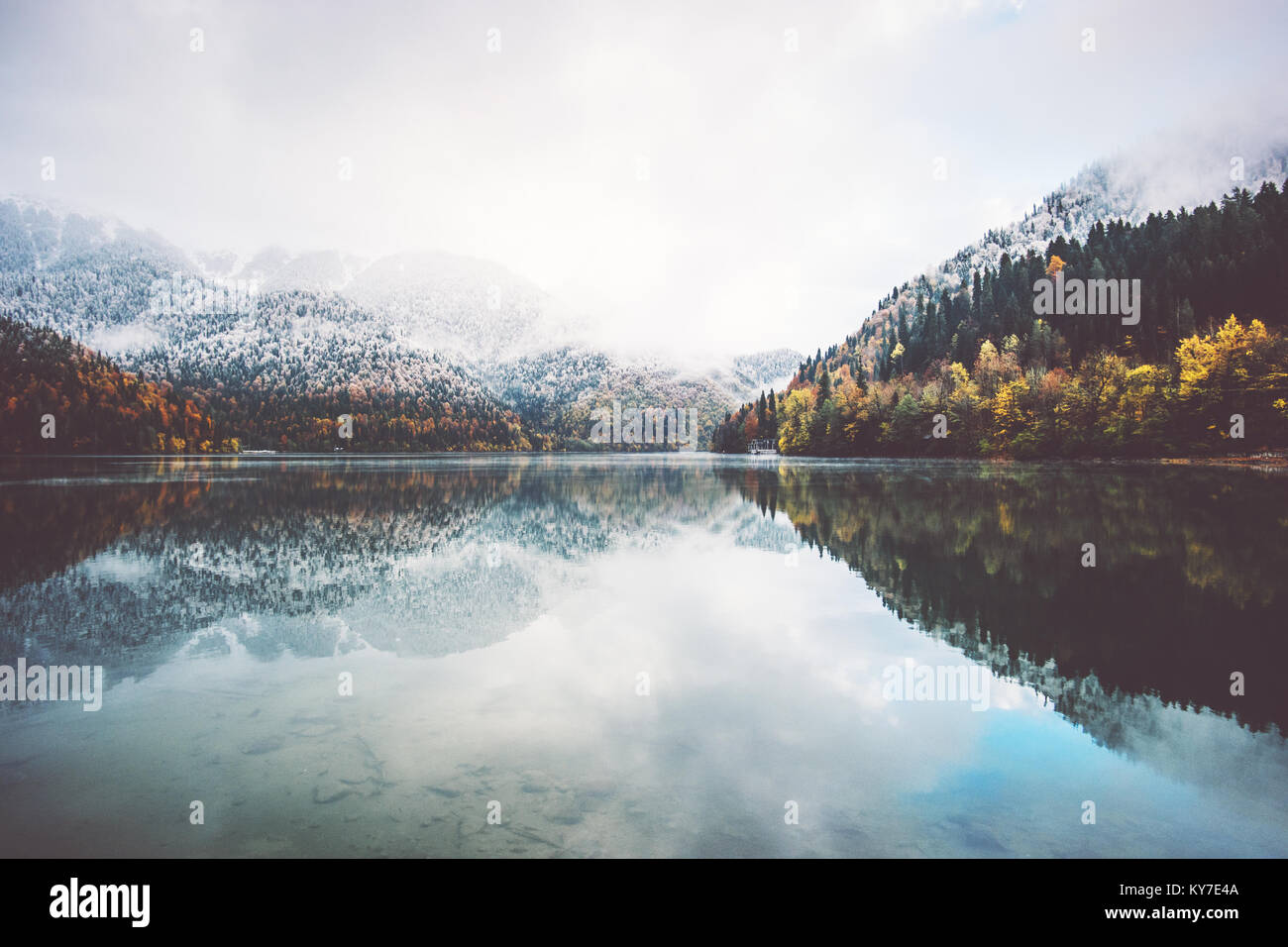 Lake and autumn Forest Landscape Travel foggy serene scenic view wild ...