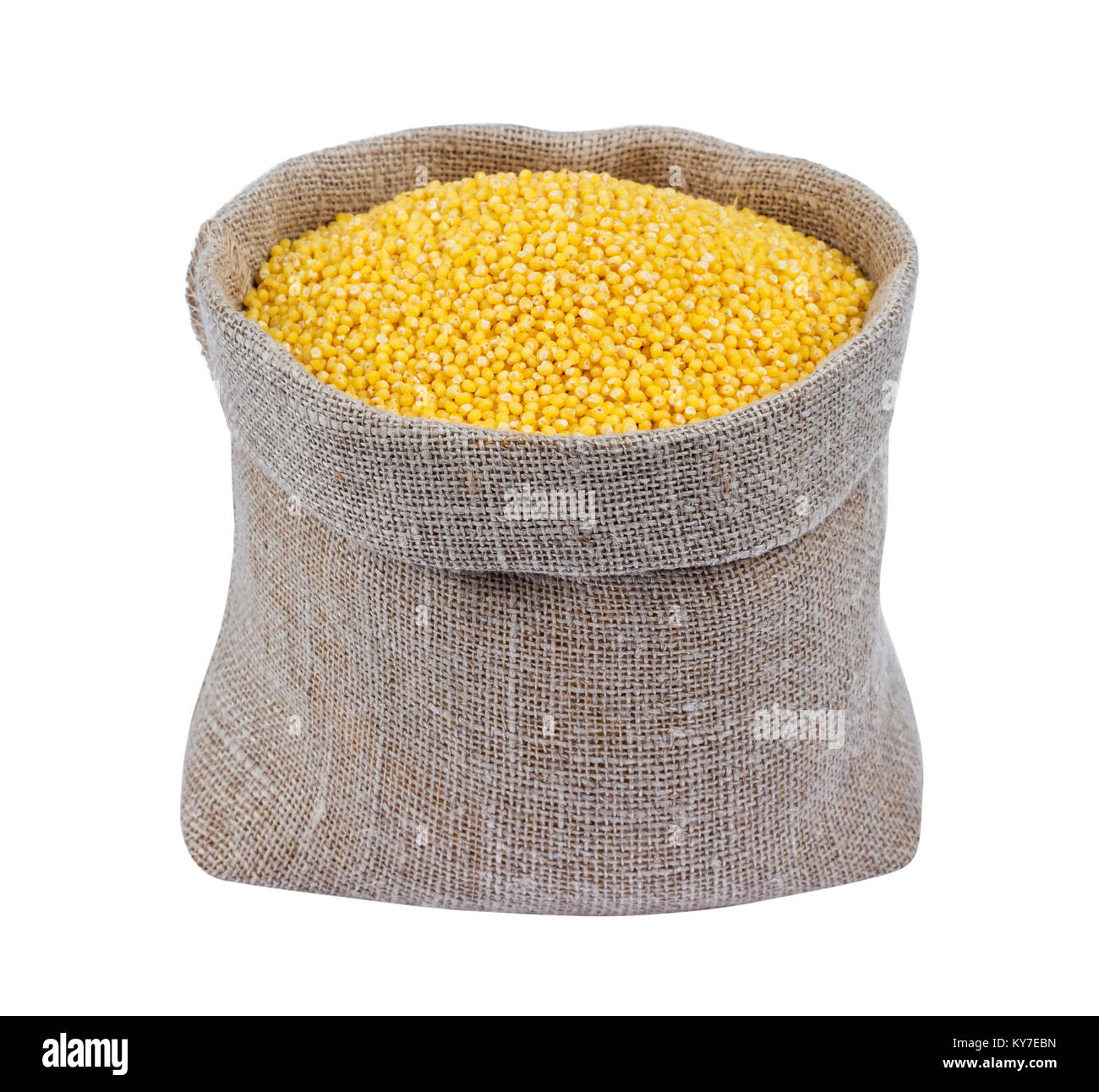 Millet in burlap bag isolated on white background Stock Photo - Alamy
