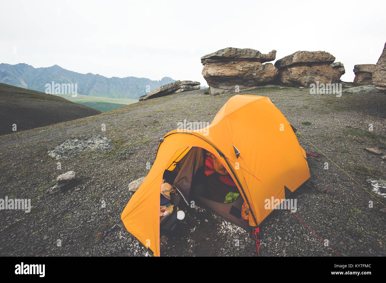 Orange Tent camping in Mountains Landscape Travel Lifestyle concept ...