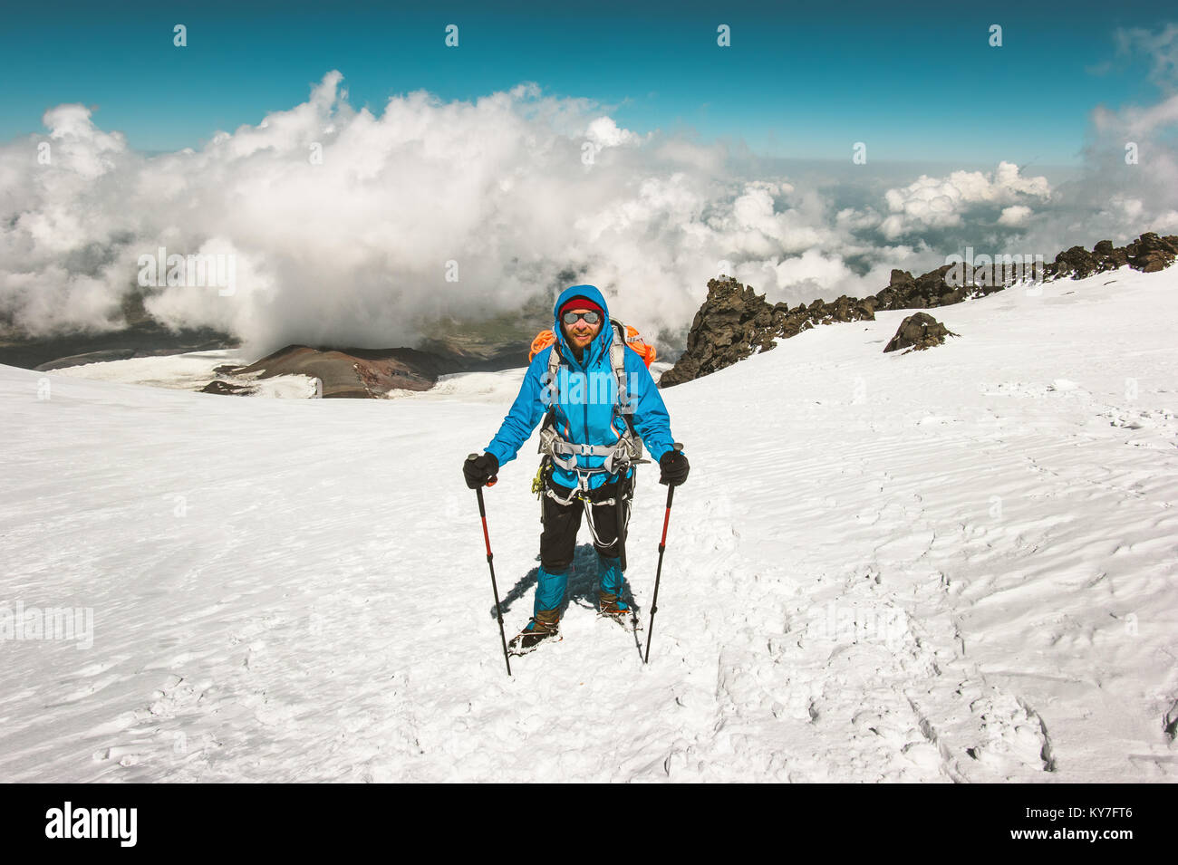 Happy Man alpinist climbing in mountains glacier Travel Lifestyle ...