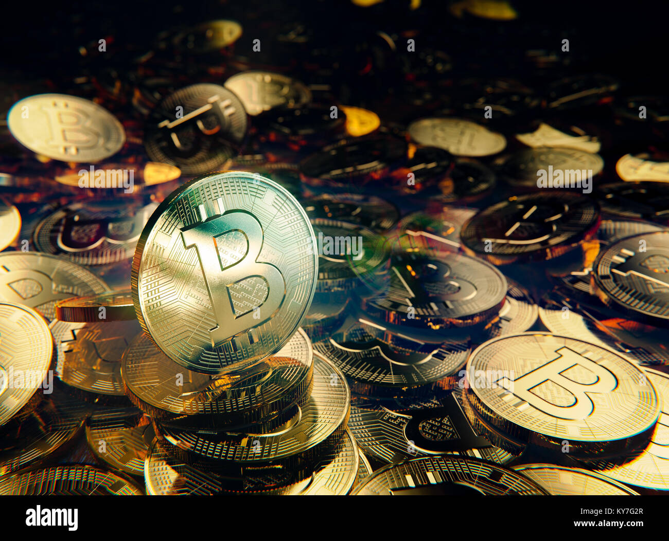 Bitcoin bubble spotlight, stack of golden coins Stock Photo - Alamy
