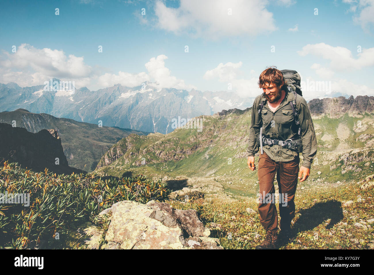 Traveler Man hiking with backpack Travel Lifestyle concept adventure ...