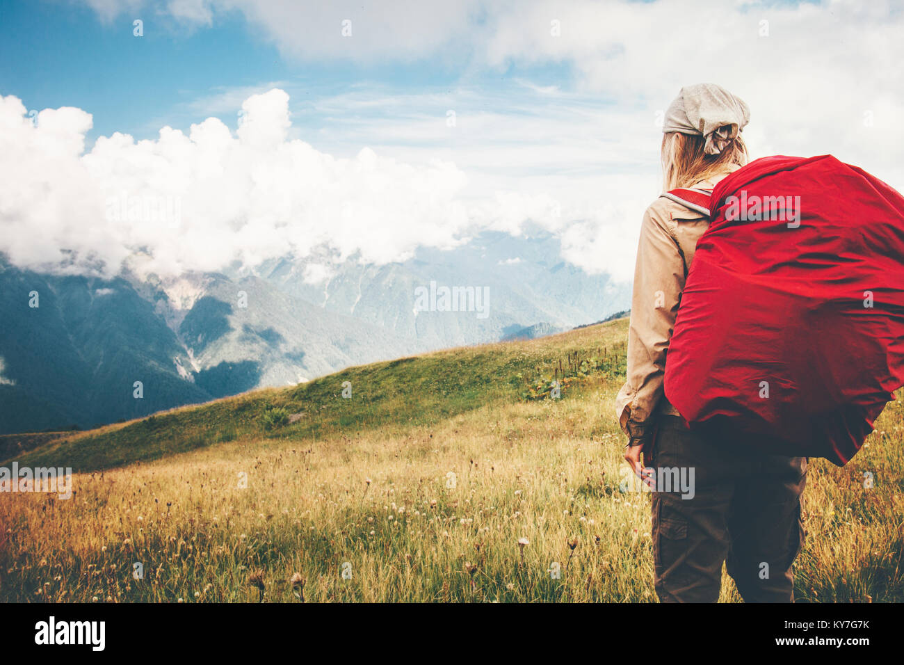 Traveler with big backpack hiking mountains landscape Travel Lifestyle ...