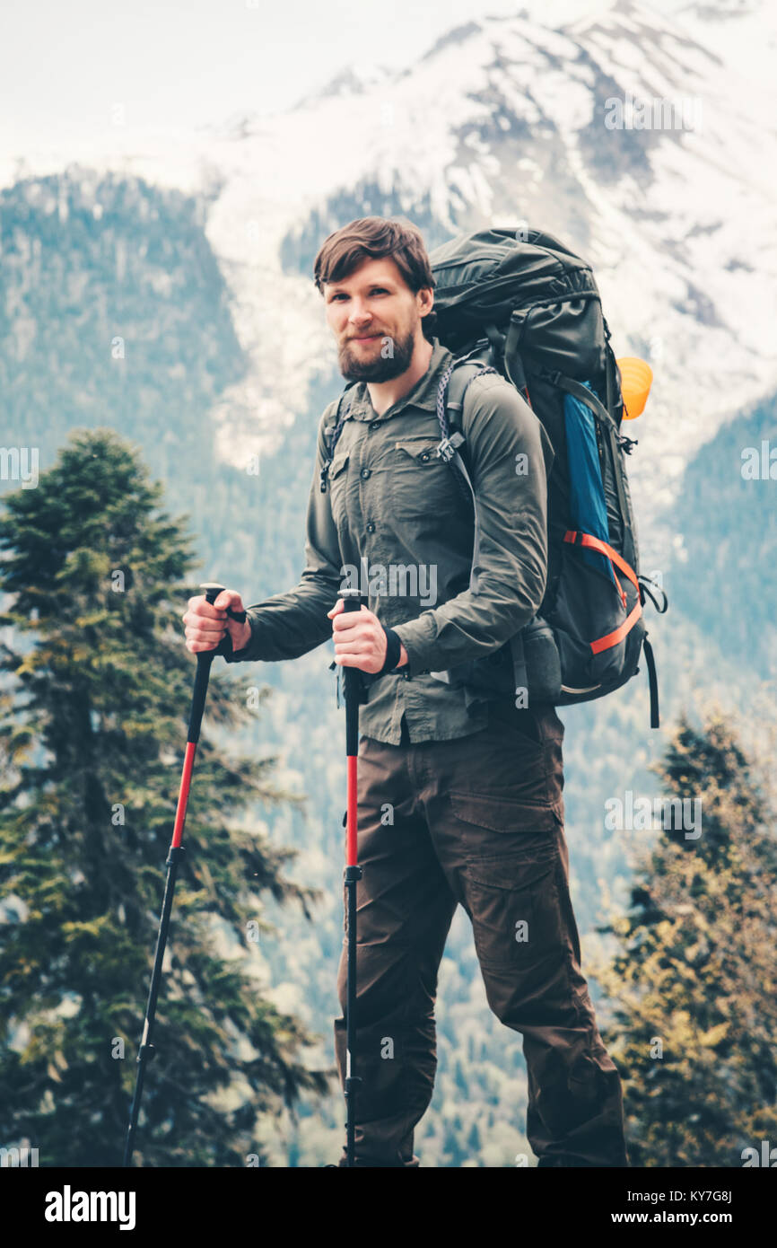Traveler Man hiking with backpack Travel Lifestyle concept adventure ...