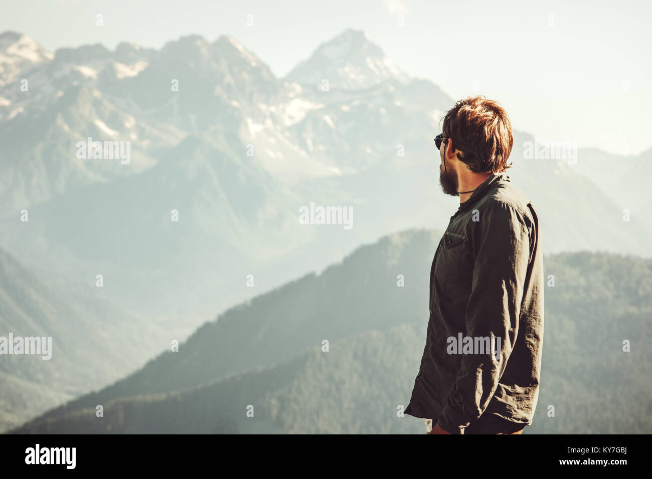 Man Traveler at mountains hiking Travel Lifestyle concept adventure ...