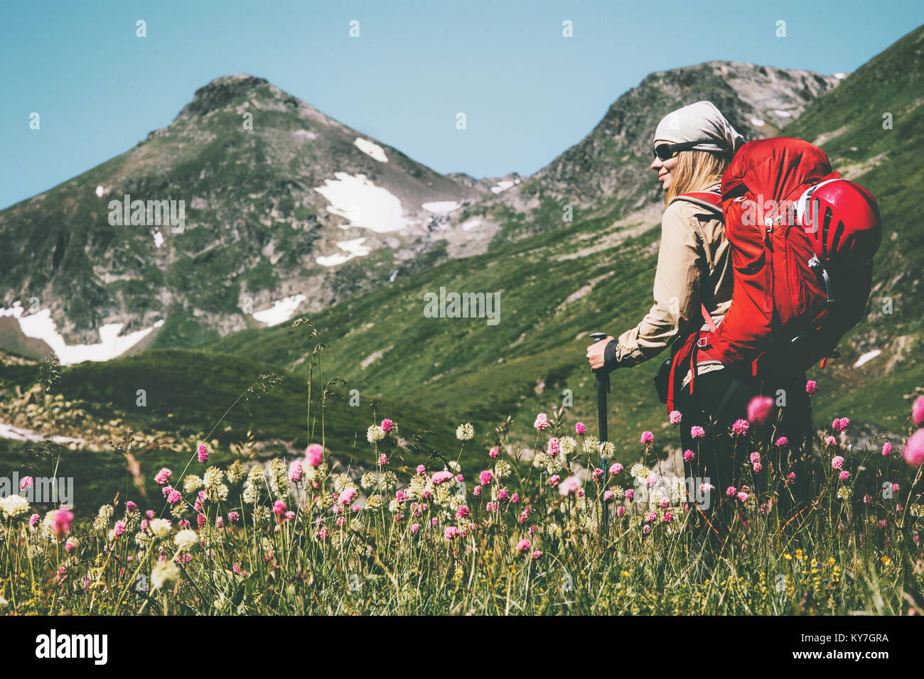 Young Woman explorer hiking at mountains Travel Lifestyle wanderlust ...