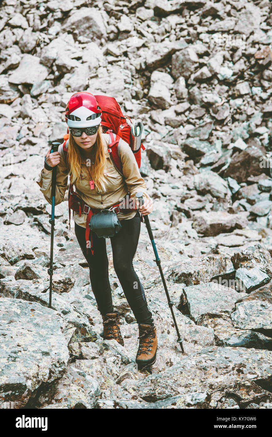 Hiker with backpack in mountains Travel Lifestyle adventure concept ...