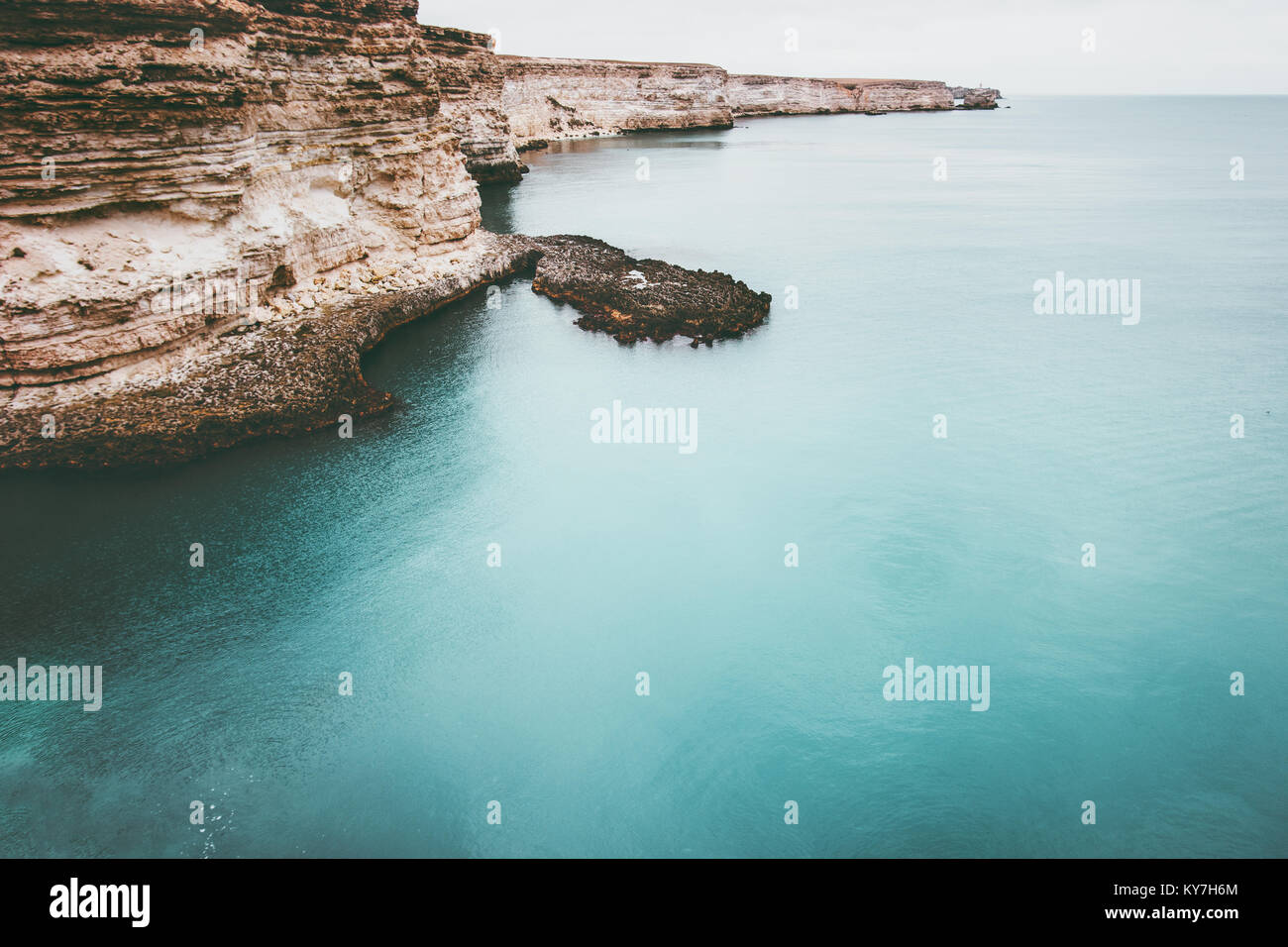 Blue Sea with rocky seaside Landscape calm and tranquility scenic view ...