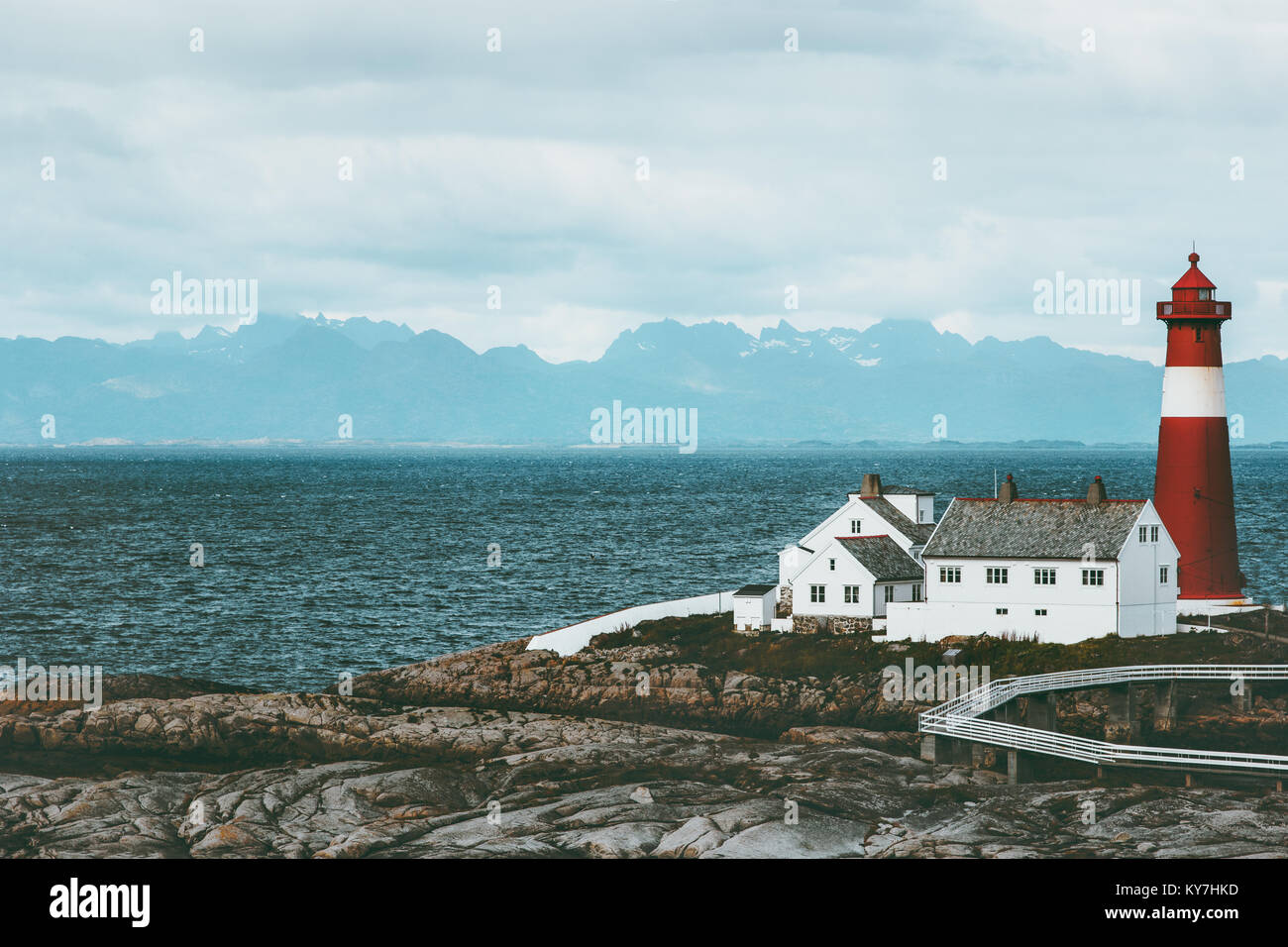 Tranoy Lighthouse Norway Landscape sea and mountains on background ...