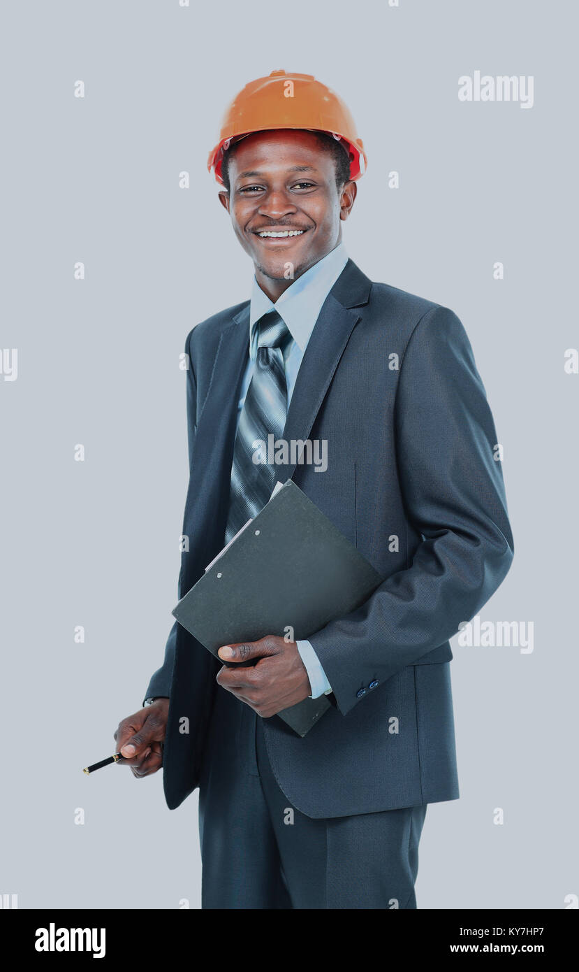 African american engineer a over white background Stock Photo - Alamy