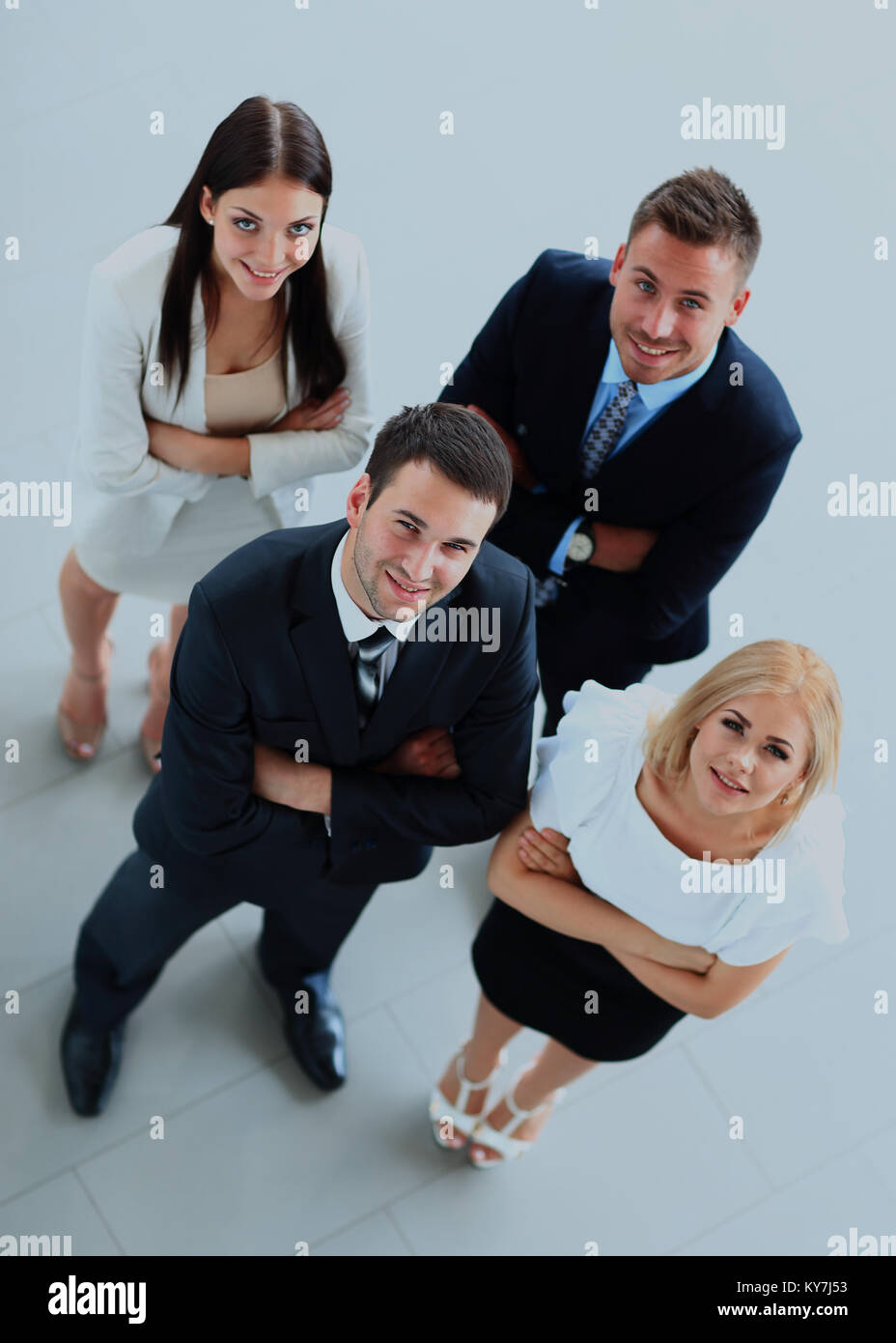 Top view of group of people. Four people looking up Stock Photo - Alamy